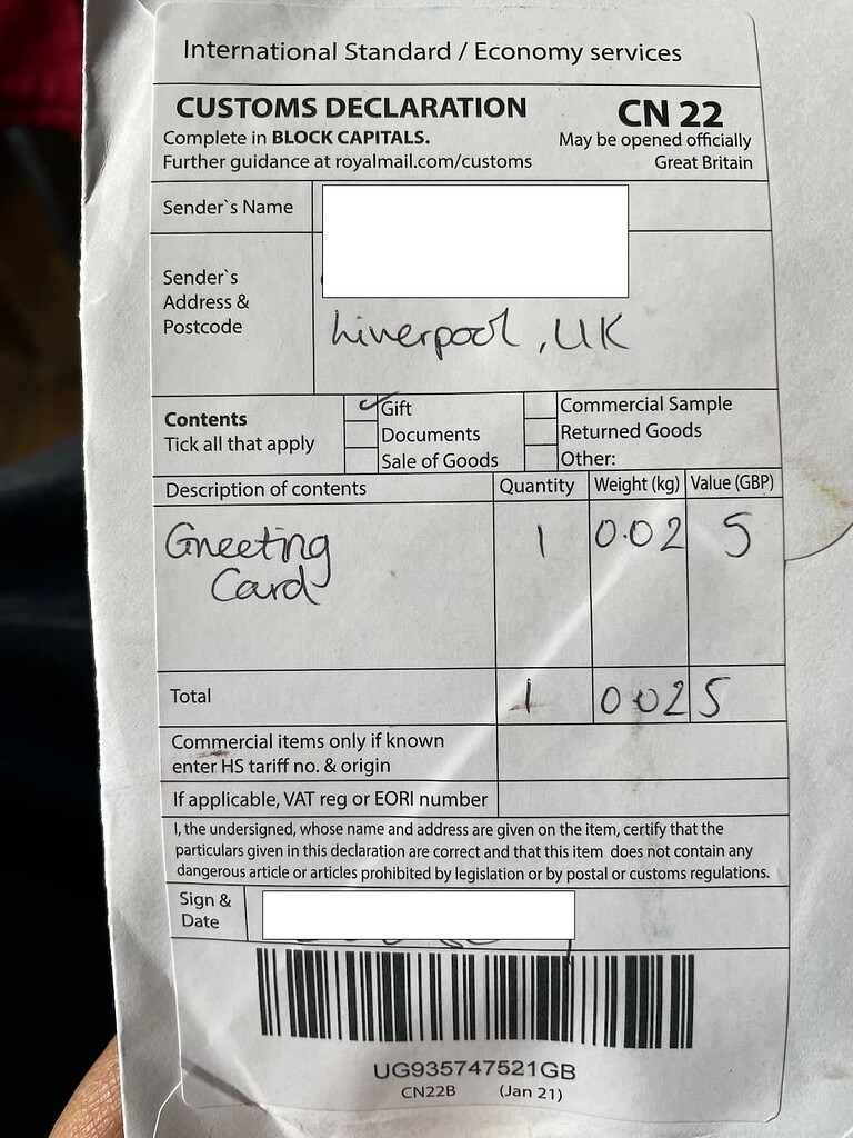 Customs declaration for Christmas cards from UK - General Discussion ...